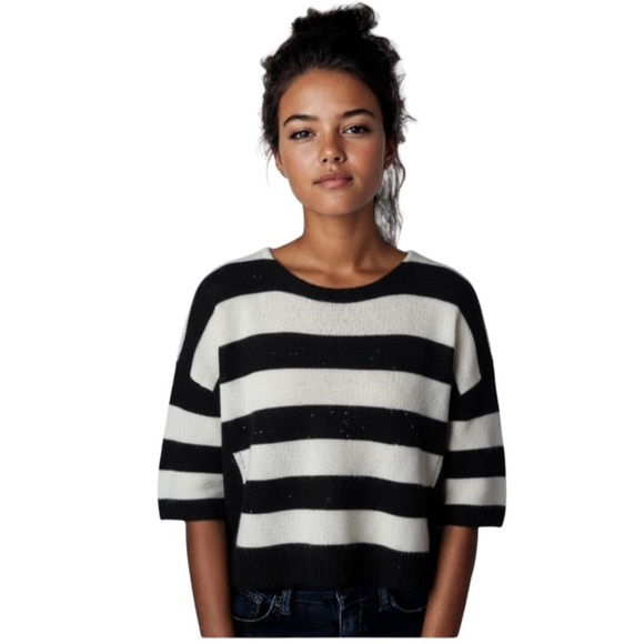 Zara | Sweaters | Zara Black White Stripped Sequin Knit Zip Back 34 ...